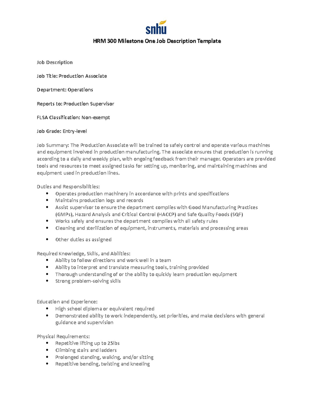 HRM 300 Milestone One Job Description Template - The associate ensures ...