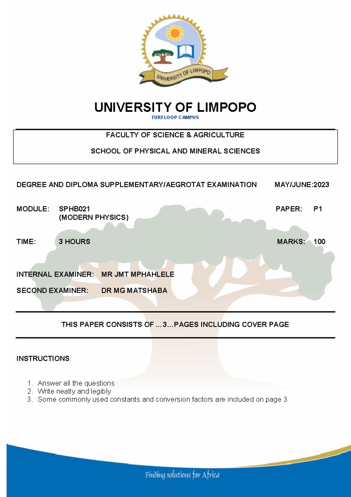SPHB021-SUPP MAY JUNE 2023 - UNIVERSITY OF LIMPOPO TURFLOOP CAMPUS ...