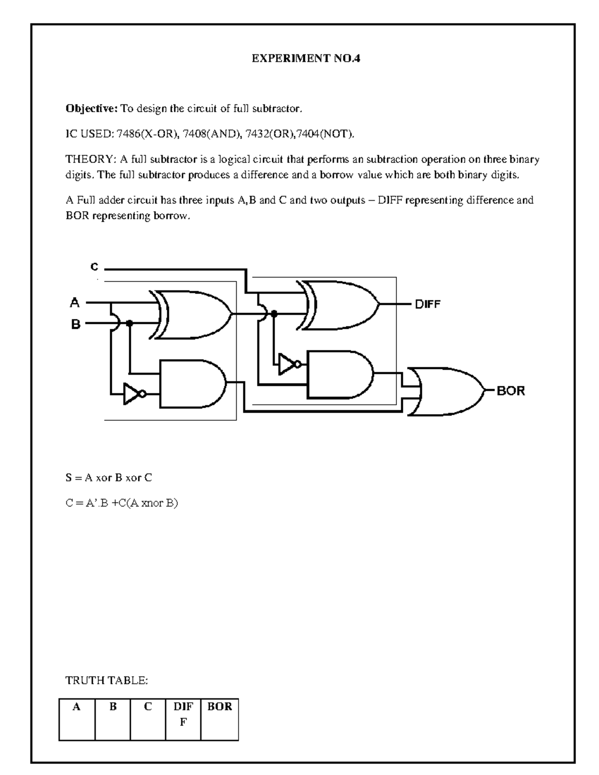 Design Of Full Substractor Experiment No Objective To Design The