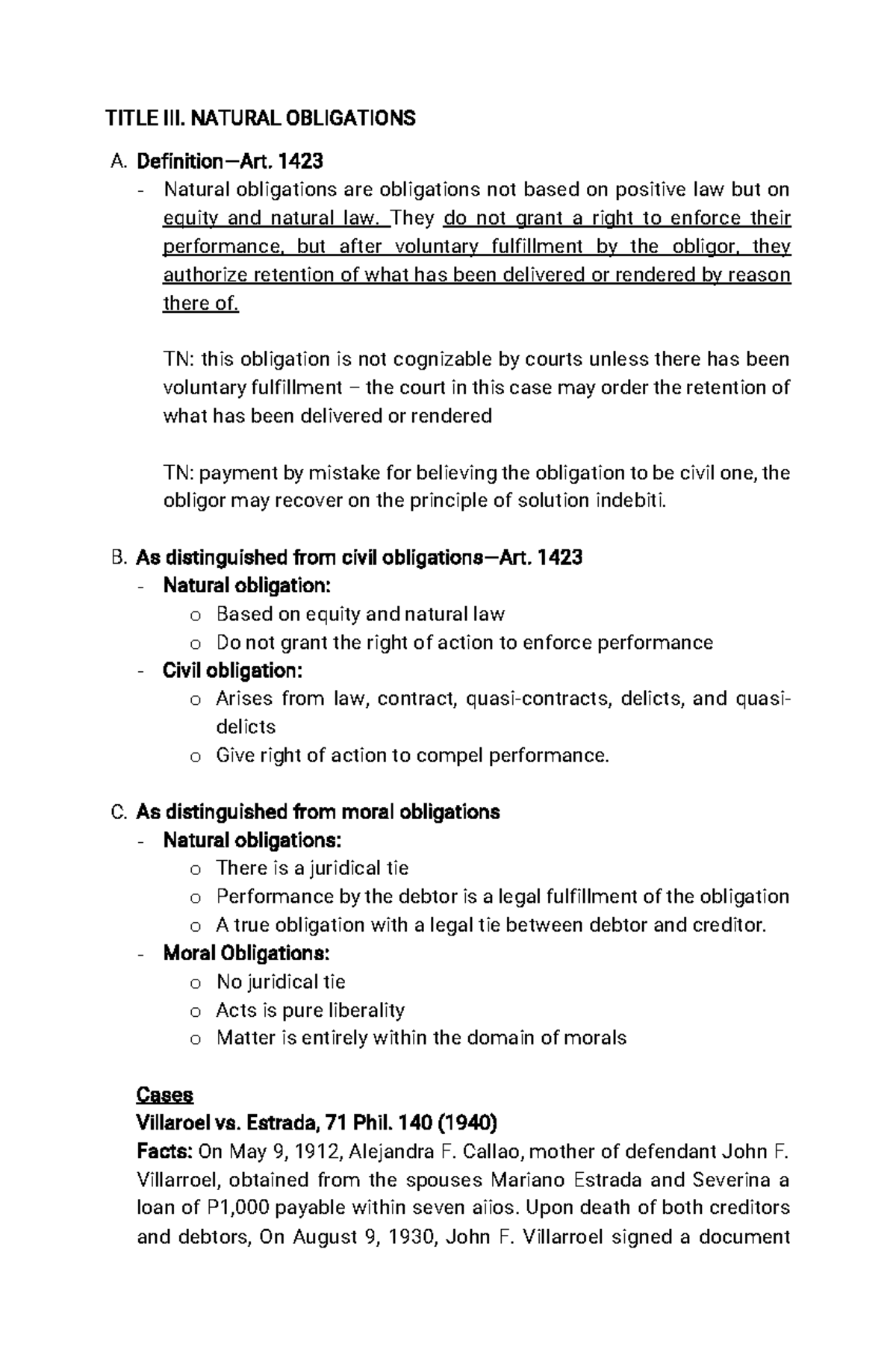 Natural obligations MBL - TITLE III. NATURAL OBLIGATIONS A. Definition ...