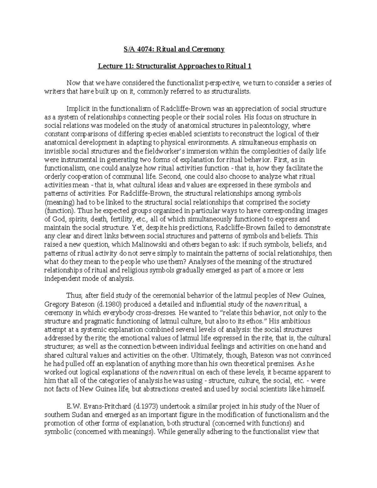 Ritual & Ceremony - Lecture notes - 11 - 12 - S/A 4074: Ritual and ...