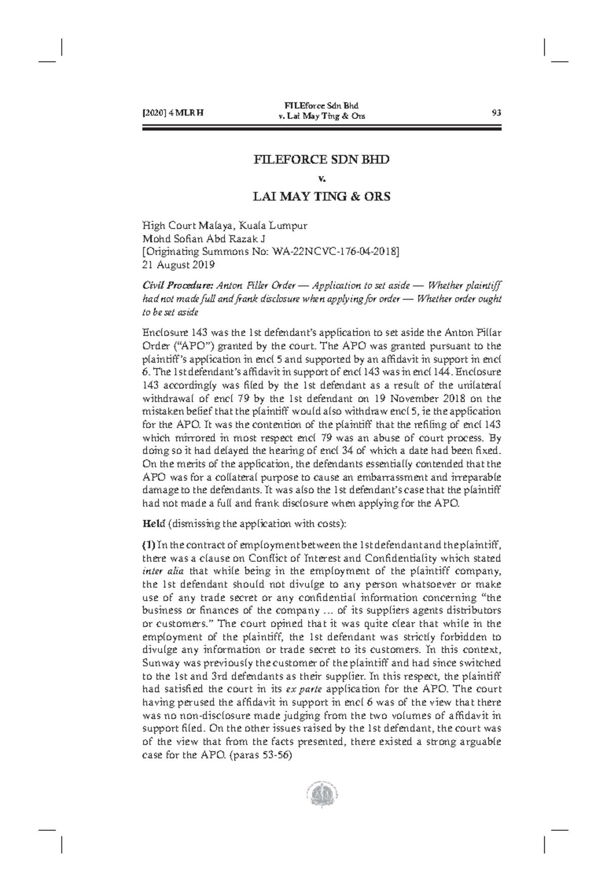 122. Fileforce Sdn Bhd v Lai May ting [2020] 4 MLRH 93 - [2020] 4 MLRH ...
