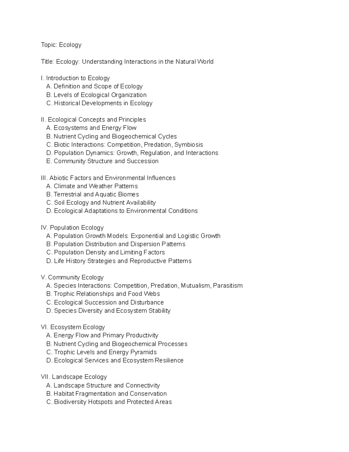 Topic Ecology - Evolution and Behavior - Topic: Ecology Title: Ecology ...