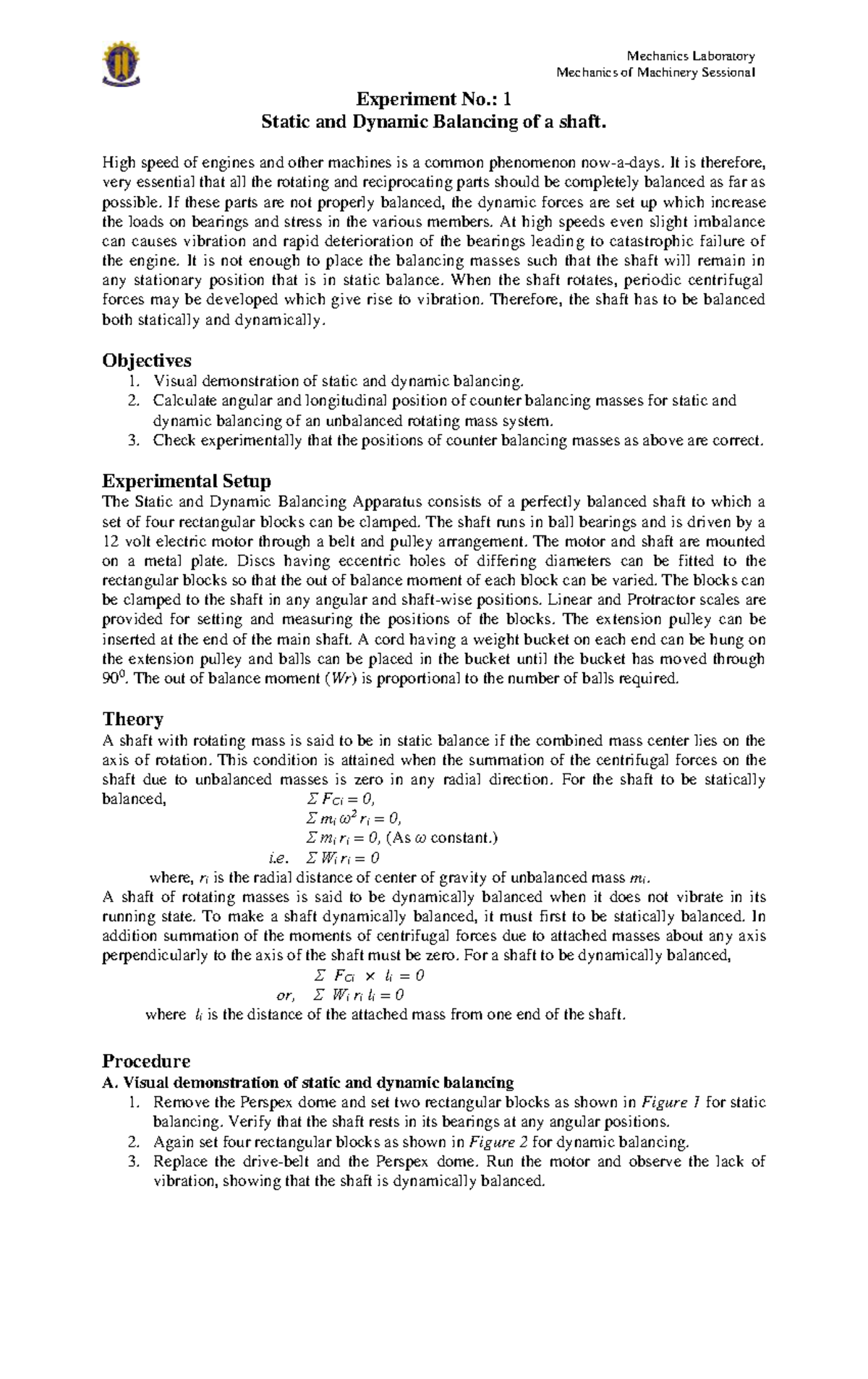 M M Sess Sheet - Mechanics of Machinery Sessional Experiment No.: 1 Static and Dynamic Balancing ...