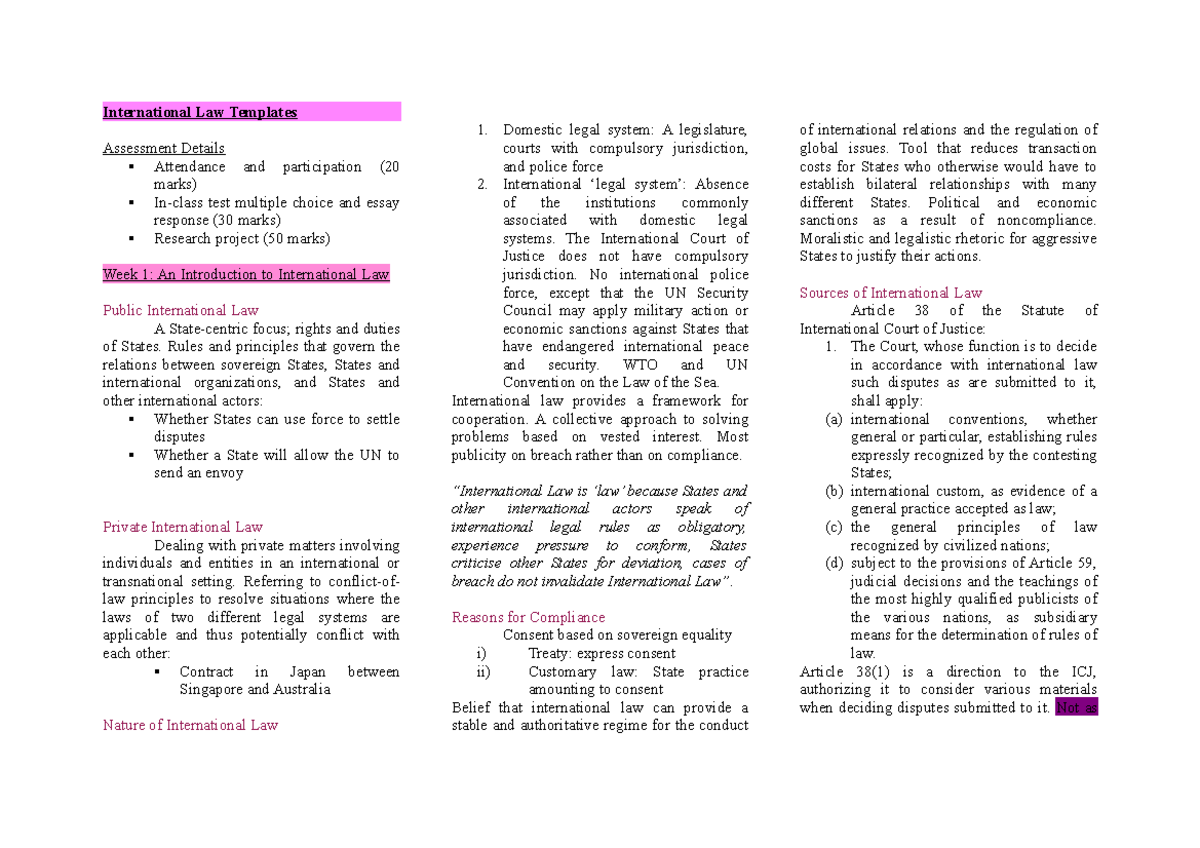 International Law Templates - International Law Templates Assessment ...