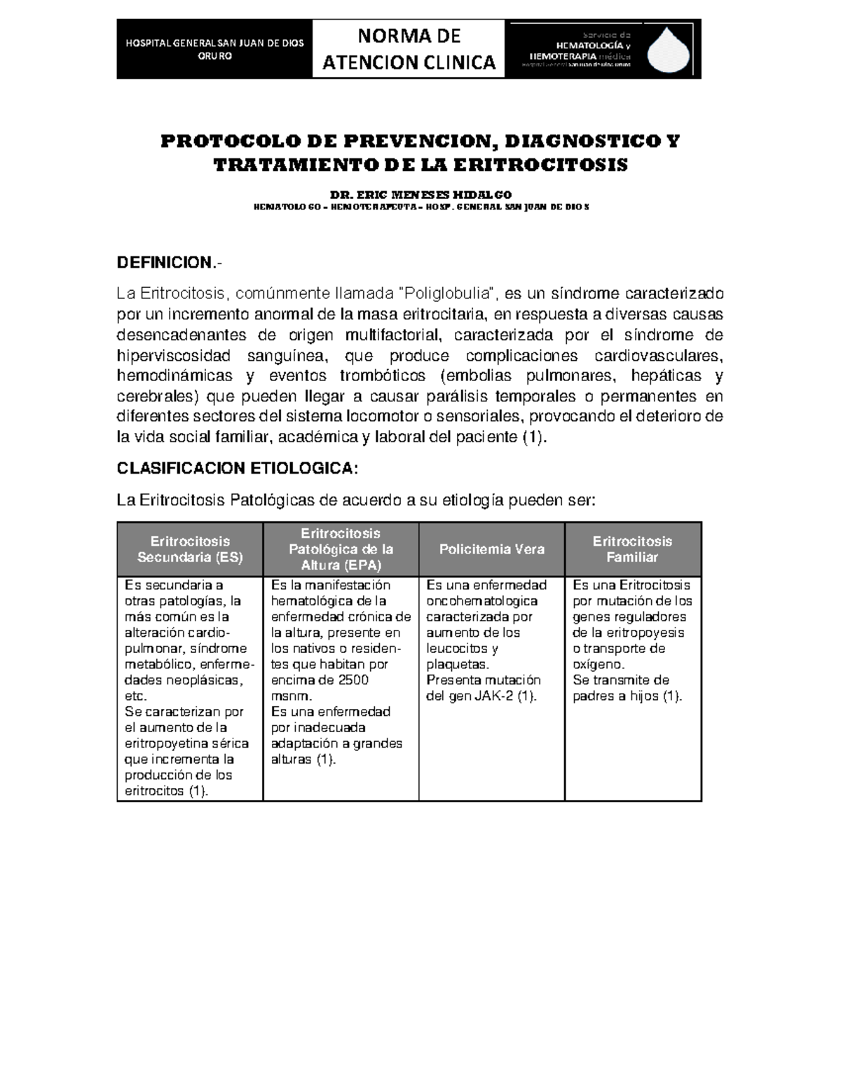 Tabla y tratamientos para identificar la eritrocitosis - HOSPITAL ...