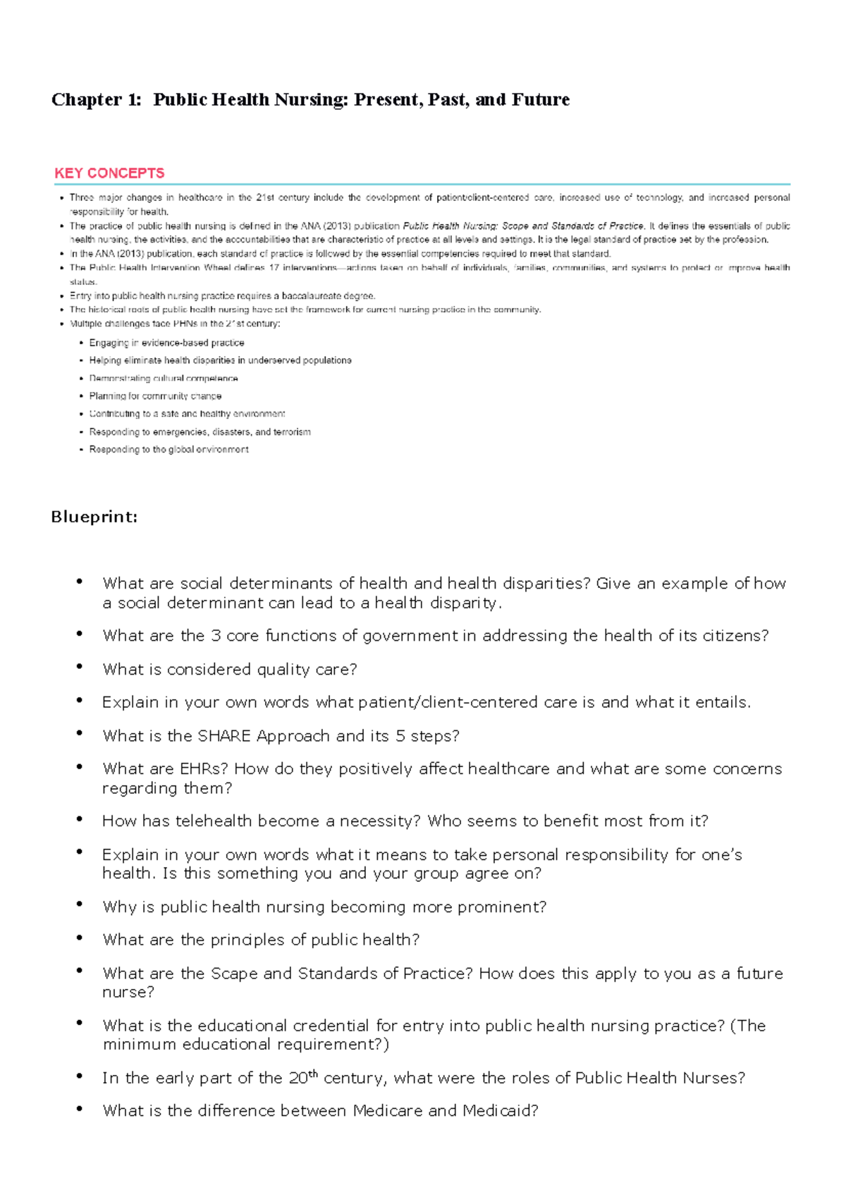 Community Chapter 1 Blueprint - Chapter 1: Public Health Nursing: Present, Past, and Future ...