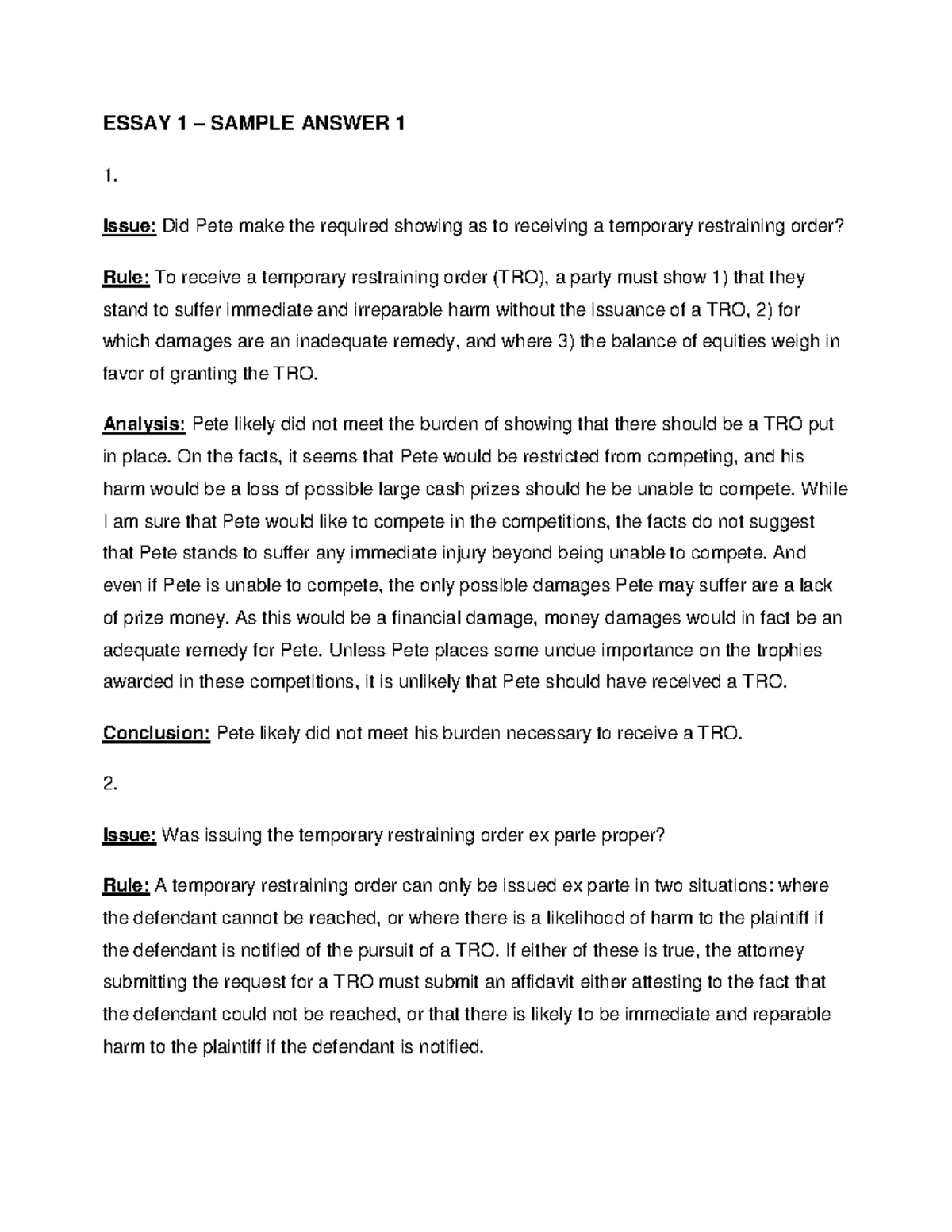 July19Answers - ESSAY 1 – SAMPLE ANSWER 1 1. Issue: Did Pete make the ...