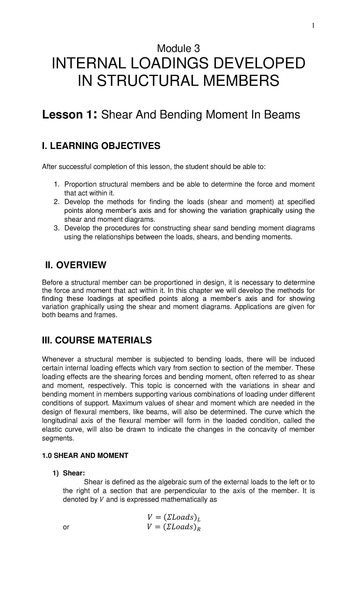 5.0 Module 3 - Internal Loading...Lesson 1 Shear & Moment on Beams ...