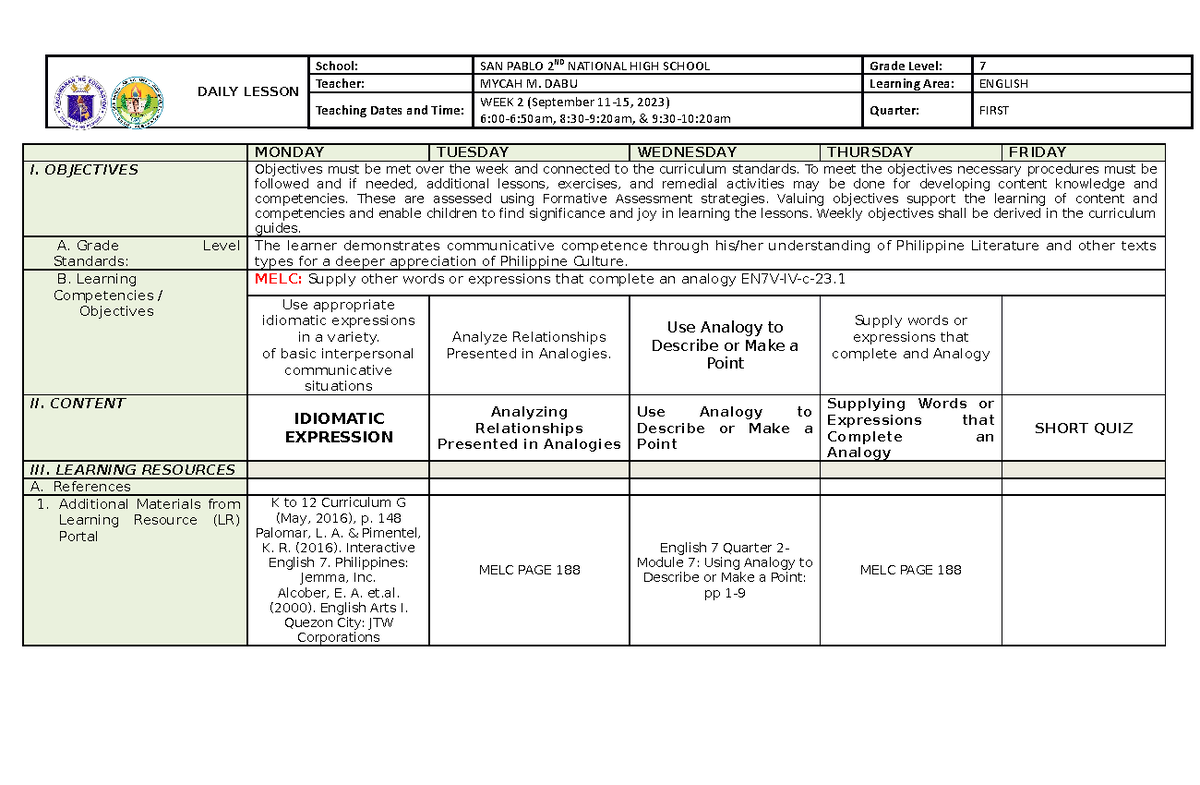 Daily Lesson Plan - DAILY LESSON LOG School: SAN PABLO 2ND NATIONAL ...