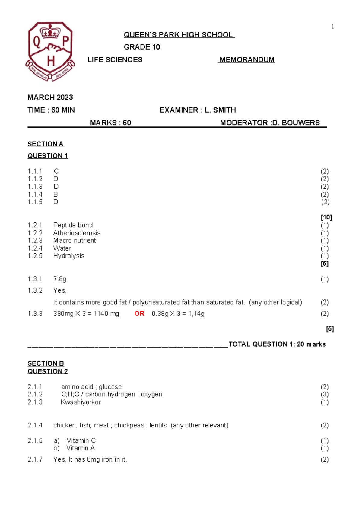 GRADE 10 control March 2023 (S) - 1 QUEEN’S PARK HIGH SCHOOL GRADE 10 ...
