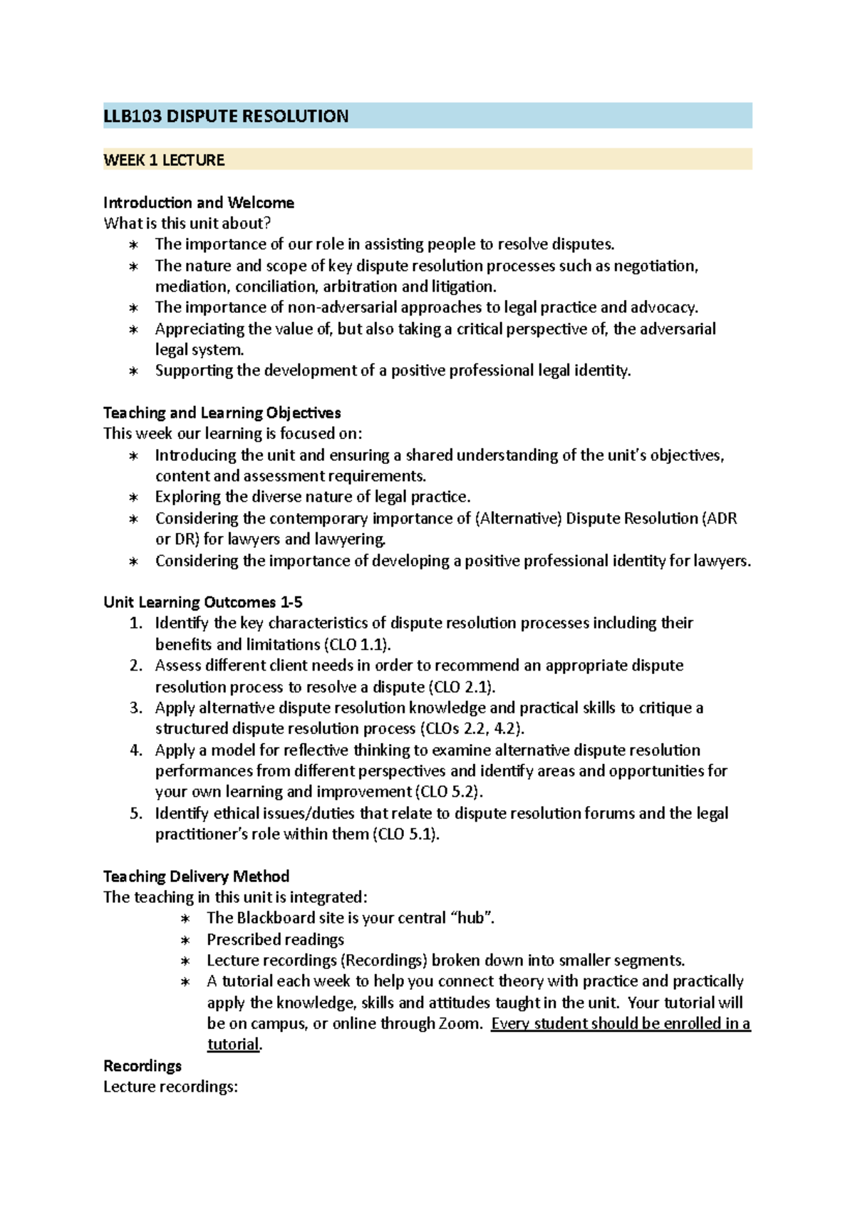 LLB103 WEEK 1 LECTURE - LLB103 DISPUTE RESOLUTION WEEK 1 LECTURE ...