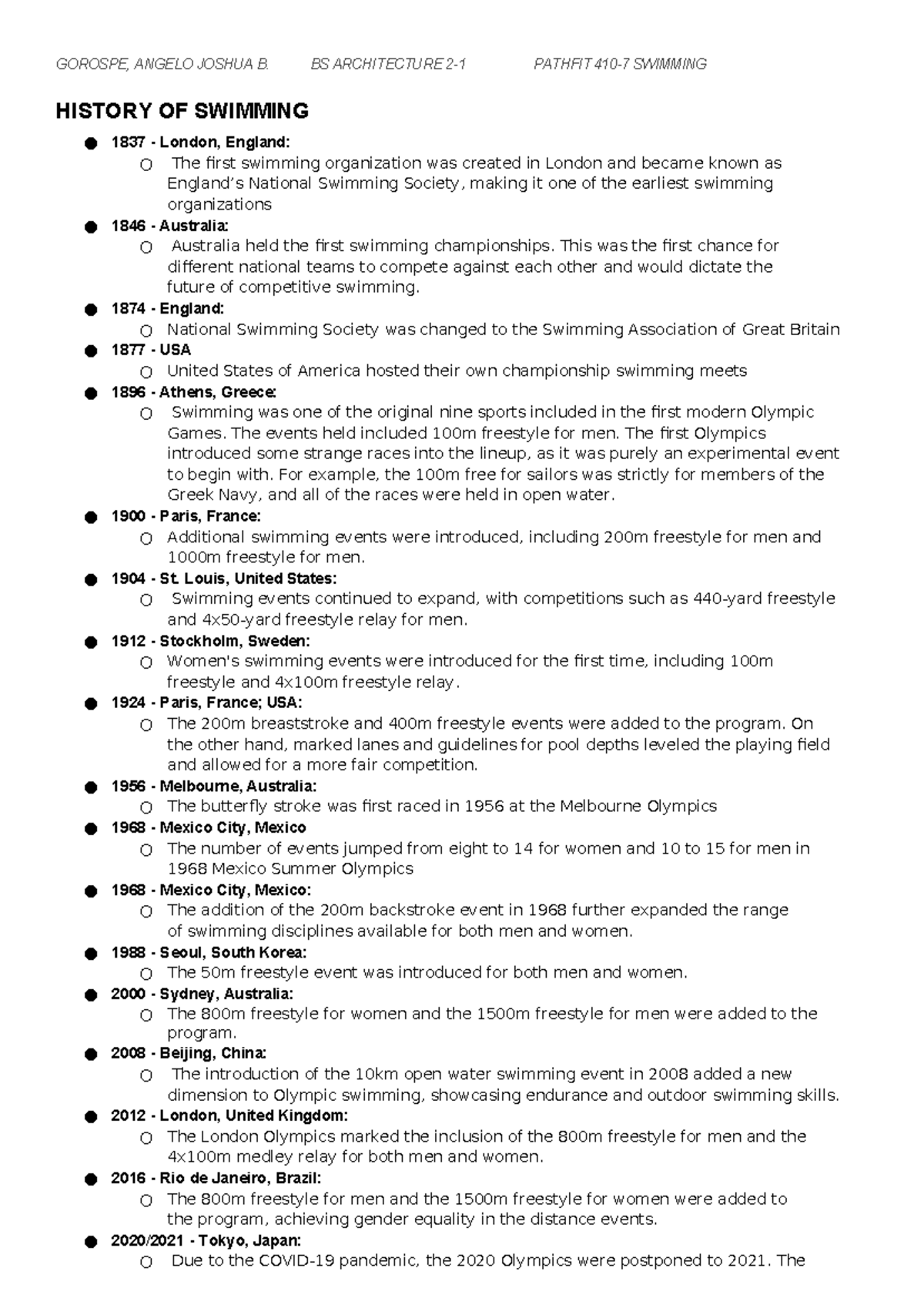 Pathfit - Assign 1 - HISTORY OF SWIMMING 1837 - London, England: The ...