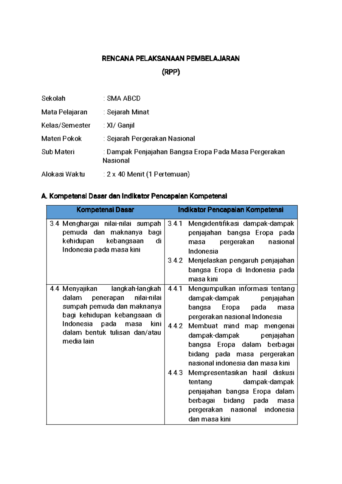 Contoh RPP - RENCANA PELAKSANAAN PEMBELAJARAN (RPP) Sekolah : SMA ABCD ...