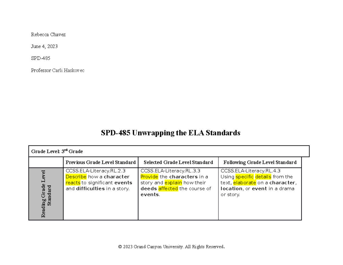 Rebecca - SPD485 - ELA standards-3 - Rebecca Chavez June 4, 2023 SPD- Professor Carli Haskovec ...
