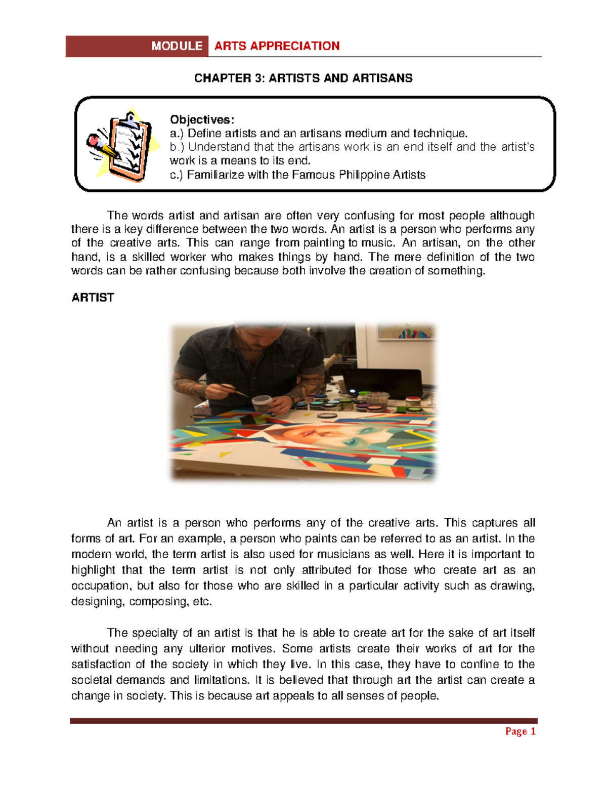 Chapter 3 Artists AND Artisans - CHAPTER 3: ARTISTS AND ARTISANS ...