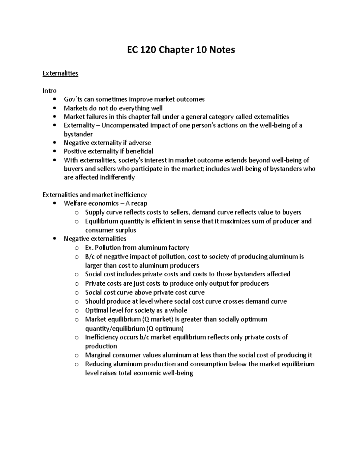 EC 120 Chapter 10 Notes - EC 120 Chapter 10 Notes Externalities Intro ...