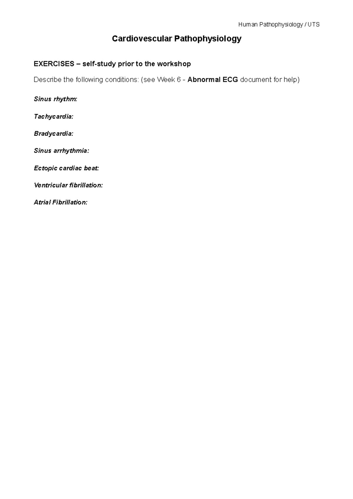 Week 6 - CVS patho worksheet - Cardiovescular Pathophysiology EXERCISES ...