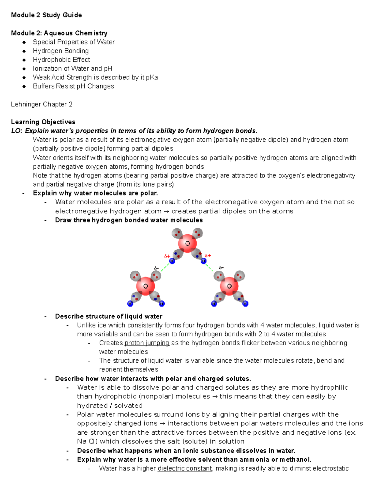 Module 2 Study Guide - Module 2 Study Guide Module 2: Aqueous Chemistry Special Properties of ...