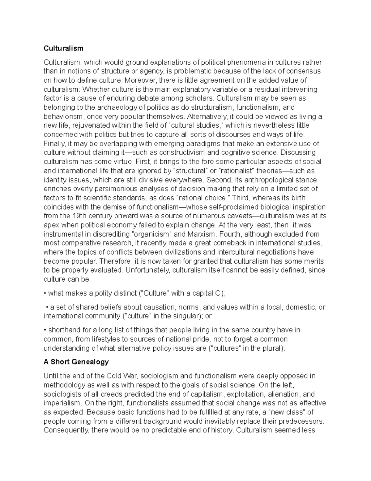 Culturalism - Culturalism Culturalism, which would ground explanations ...