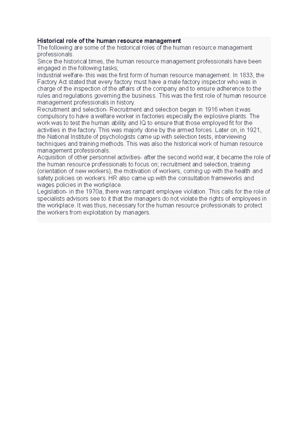 Historical role of the human resource management - Since the historical ...