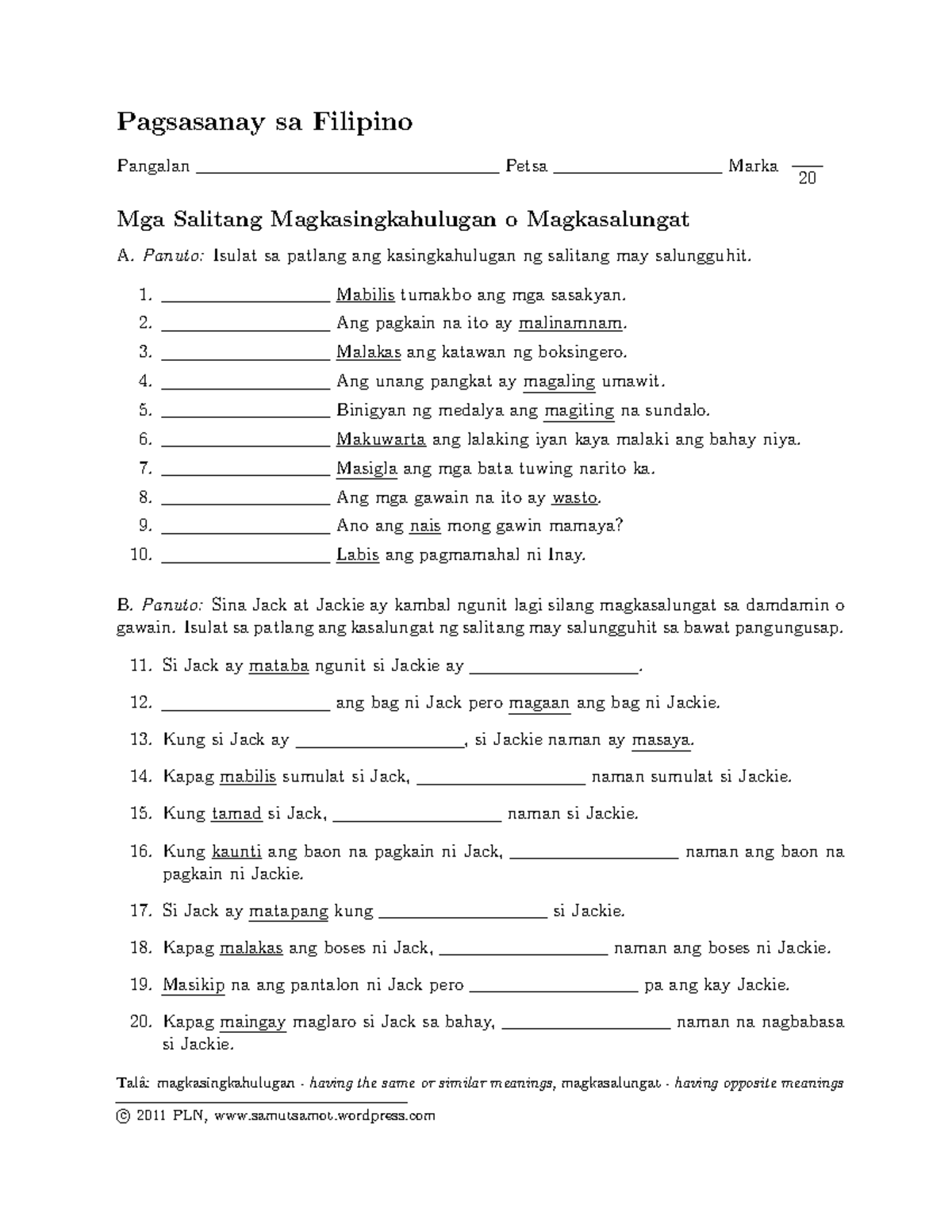 Magkasingkahulugan-at-magkasalungat - Pagsasanay sa Filipino Pangalan ...
