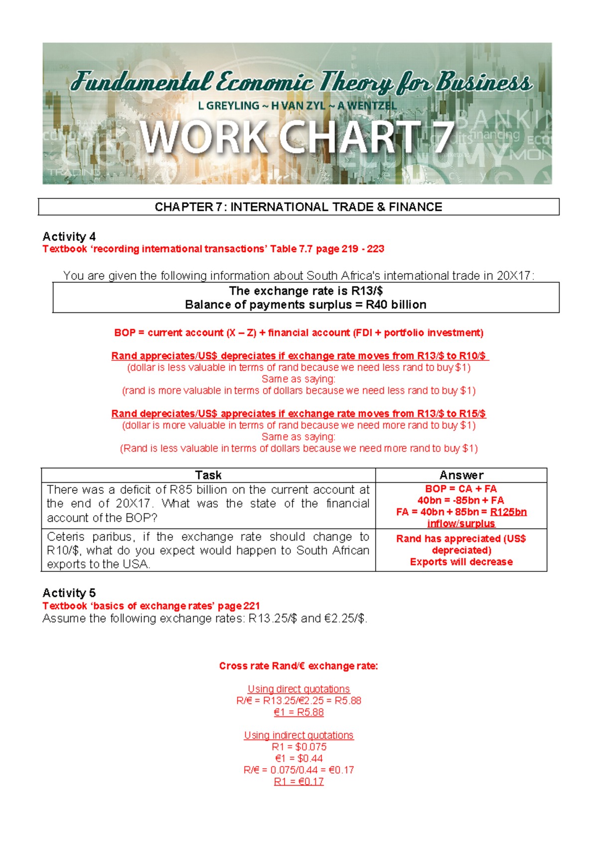 Memo Work Chart 7 2 - CHAPTER 7: INTERNATIONAL TRADE & FINANCE Activity 4 Textbook ‘recording ...