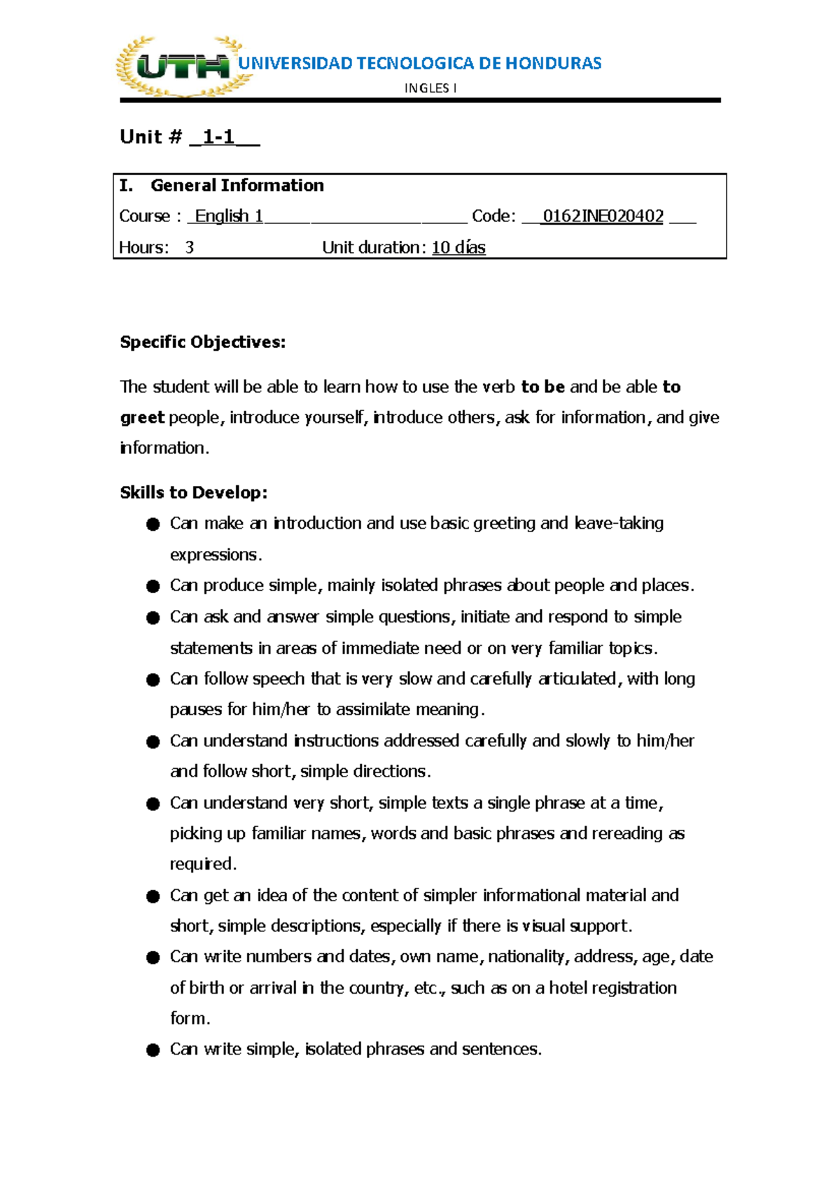Unit 1-1 - INGLES I Unit # 1-1_ I. General Information Course : English ...