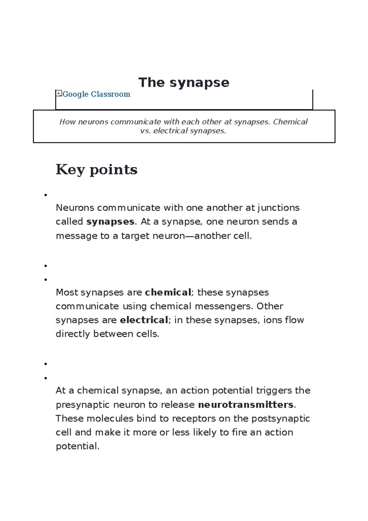 The synapse and NT - best - The synapse Google Classroom How neurons ...
