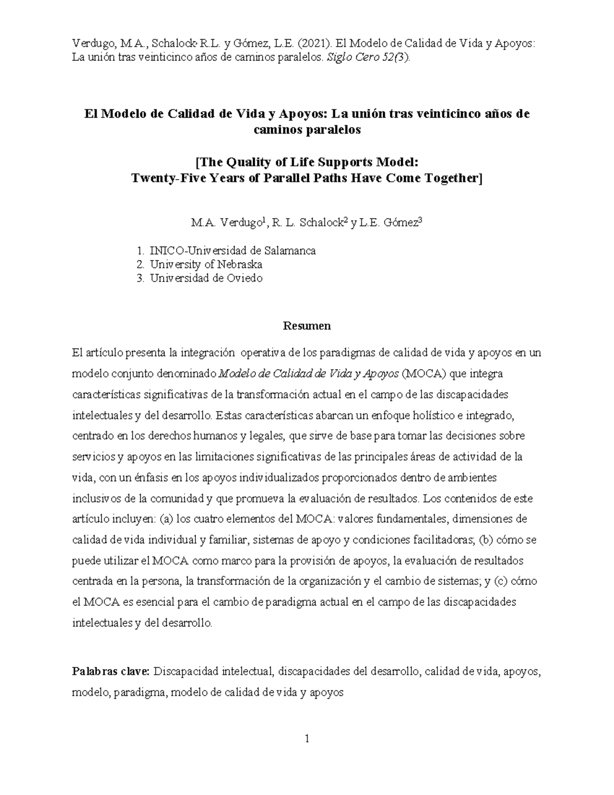 Modelo de Calidad de Vida y Apoyos Verdugo, Schalock y Gómez 2021 Siglo ...