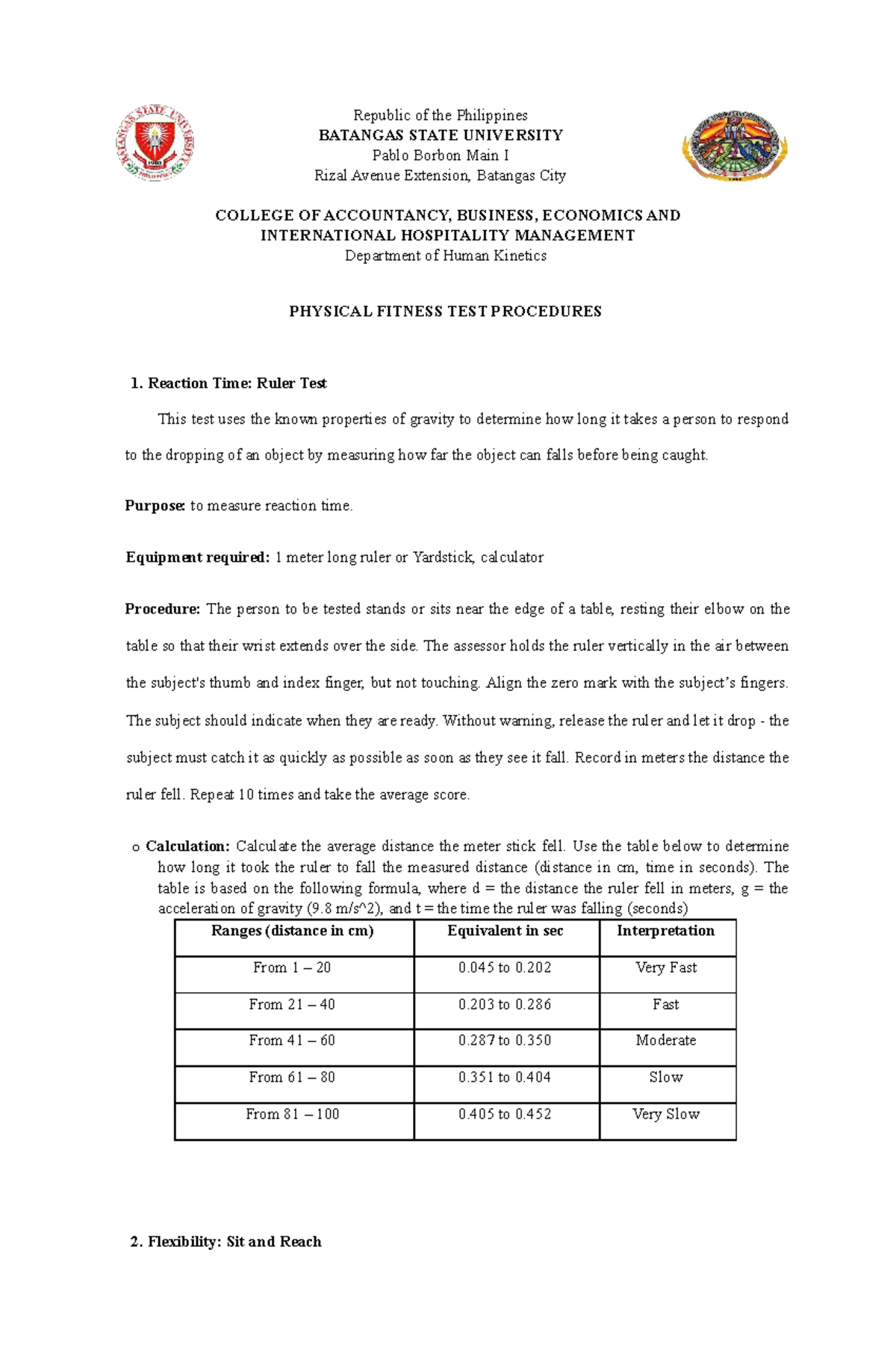Fitness-TEST- Procedures - Republic of the Philippines BATANGAS STATE ...