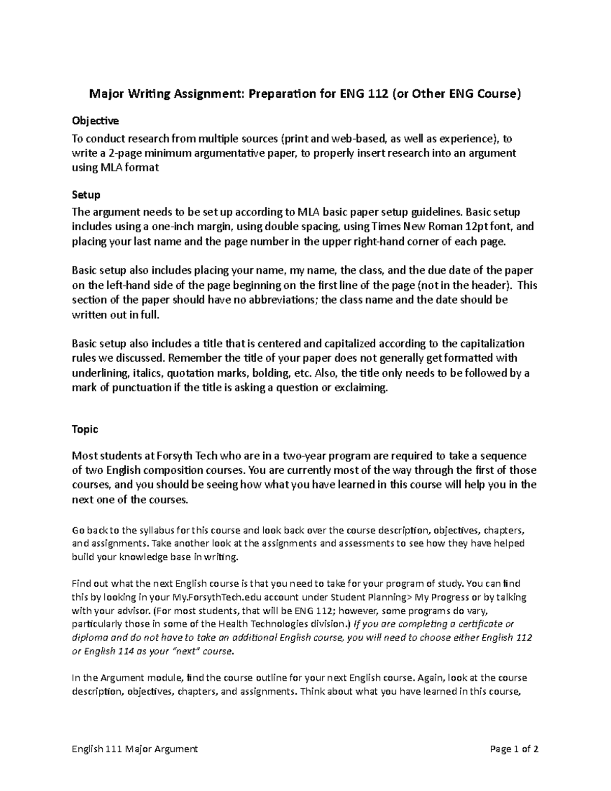 Major Argument Assessment Preparation for Second Writing Course ...