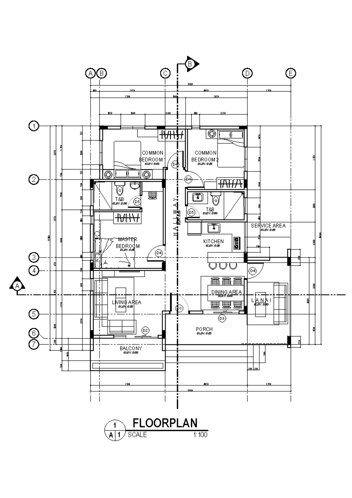 Floorplan - bungalow residential project - FLOORPLAN SCALE 1: 1 A 1 ELEV. 0 MASTER LIVING AREA ...