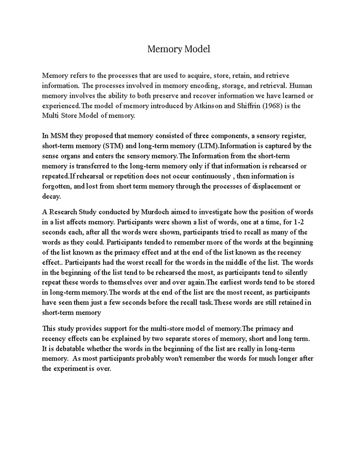 Memory Models: Cognitive - Memory Model Memory refers to the processes ...