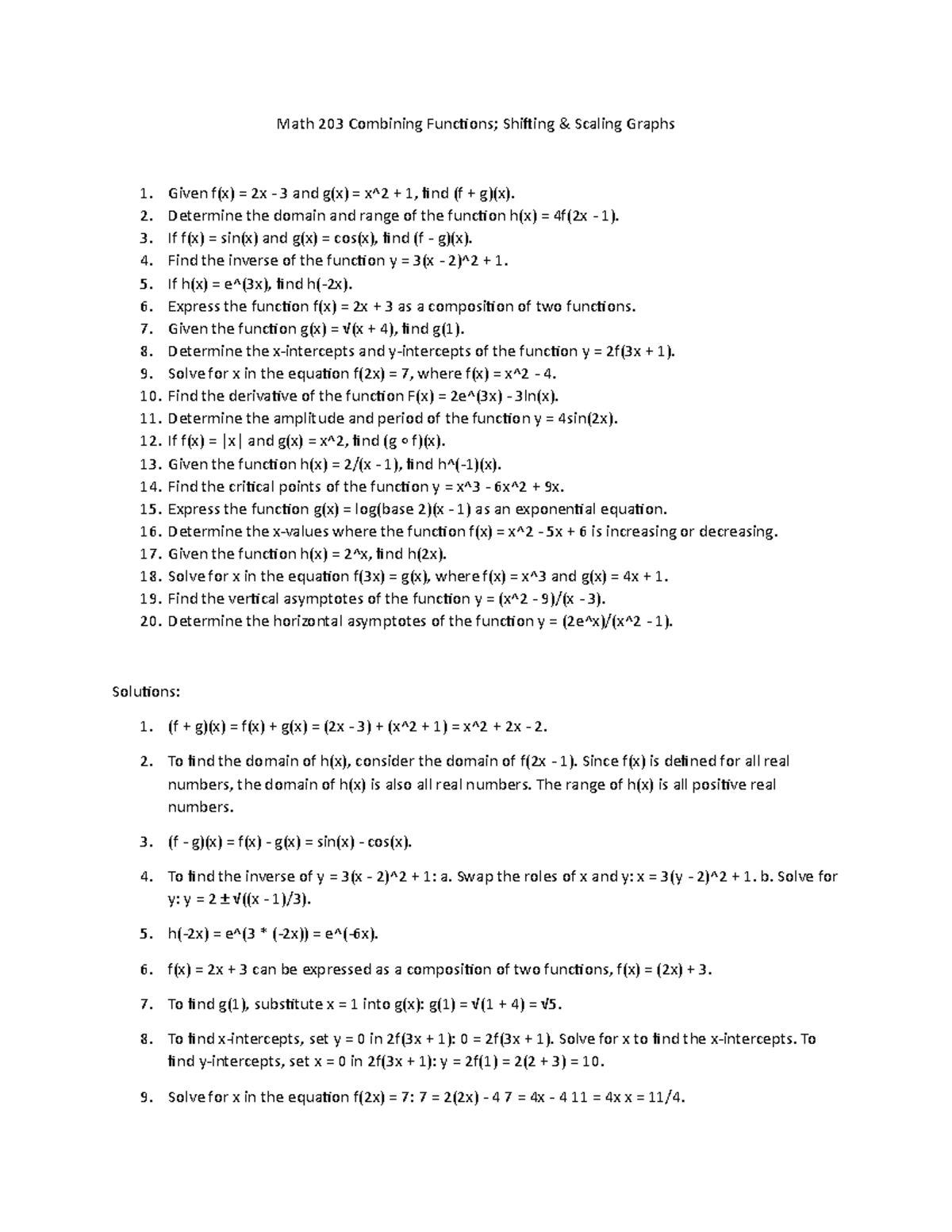 Math 203 - Combining Functions - Determine the domain and range of the ...