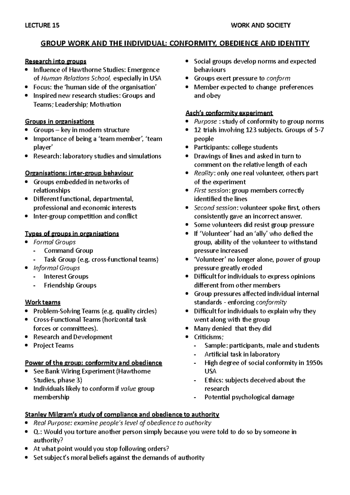 L15 - Group work and the individual - LECTURE 15 WORK AND SOCIETY GROUP ...