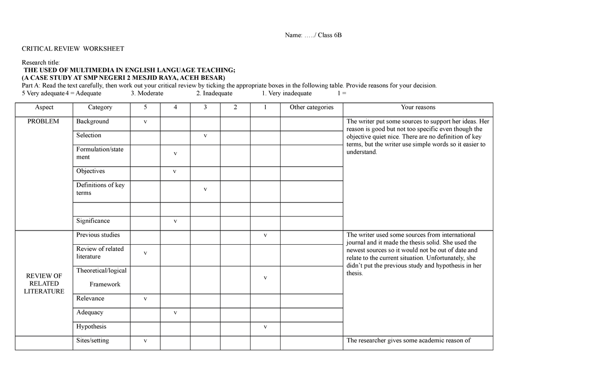 Case study review - Name: ...../ Class 6B CRITICAL REVIEW WORKSHEET ...