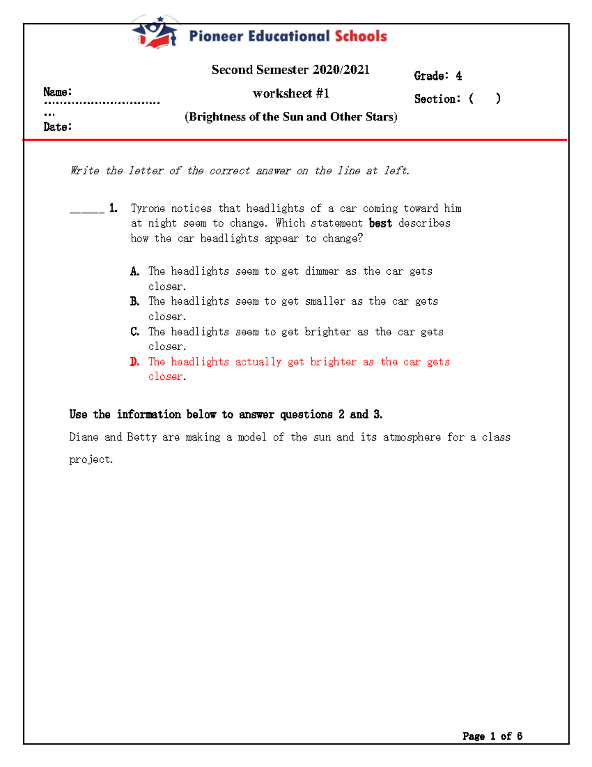 Grade 5 worksheet 1 (Brightness of the Sun and Other Stars) - Write the ...