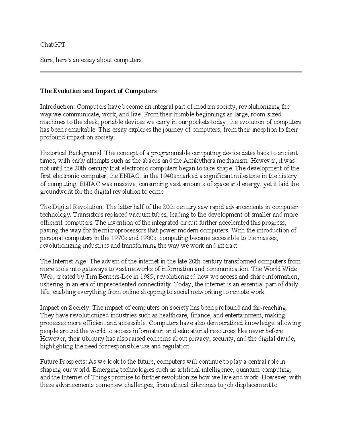 Chat GPT - essay - ChatGPT Sure, here's an essay about computers: The ...