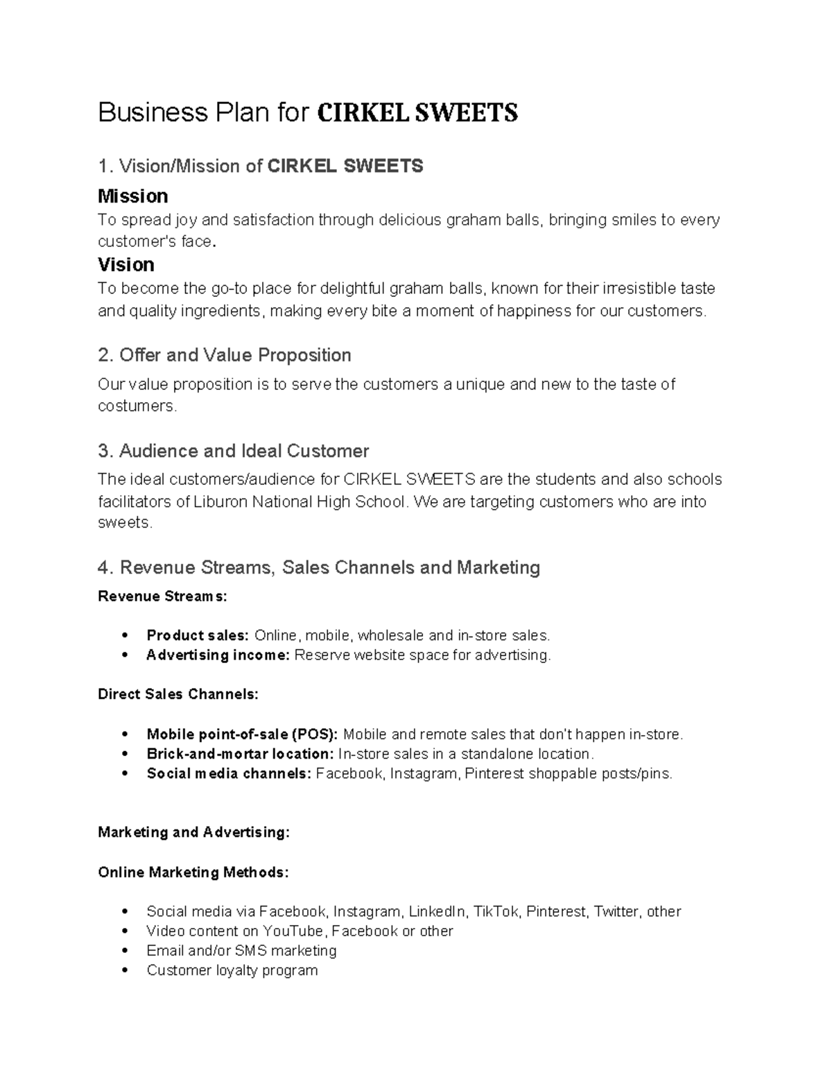 Business Plan for a small business - Business Plan for CIRKEL SWEETS 1 ...