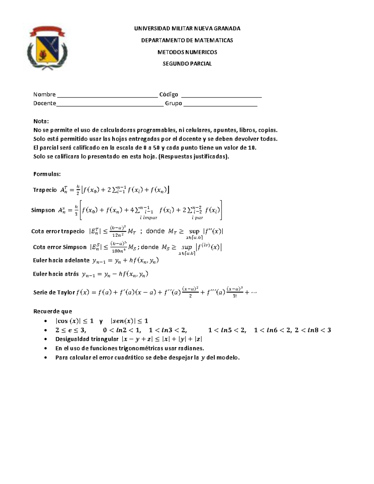 Taller Segundo Parcial 20-2 - Warning: TT: undefined function: 32 Nombre - Studocu