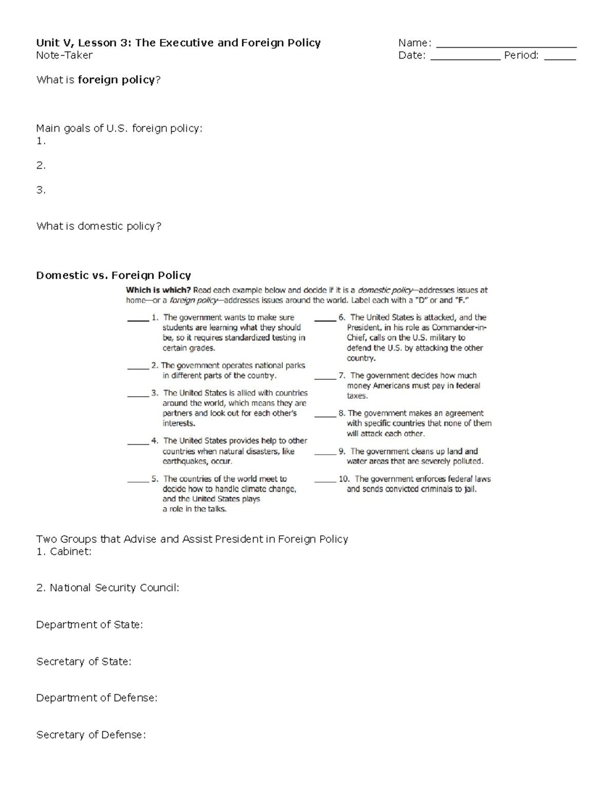 Unit V, Lesson 3 Handout - Unit V, Lesson 3 : The Executive and Foreign ...
