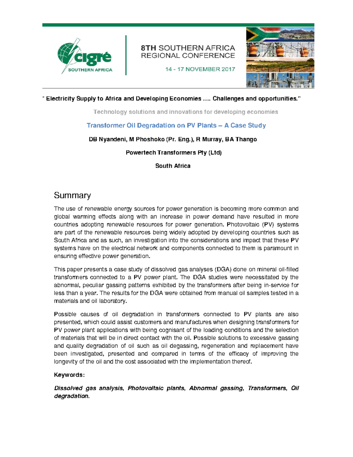 AT 55 Transformer oil degradation on PV plants - A Case study D ...