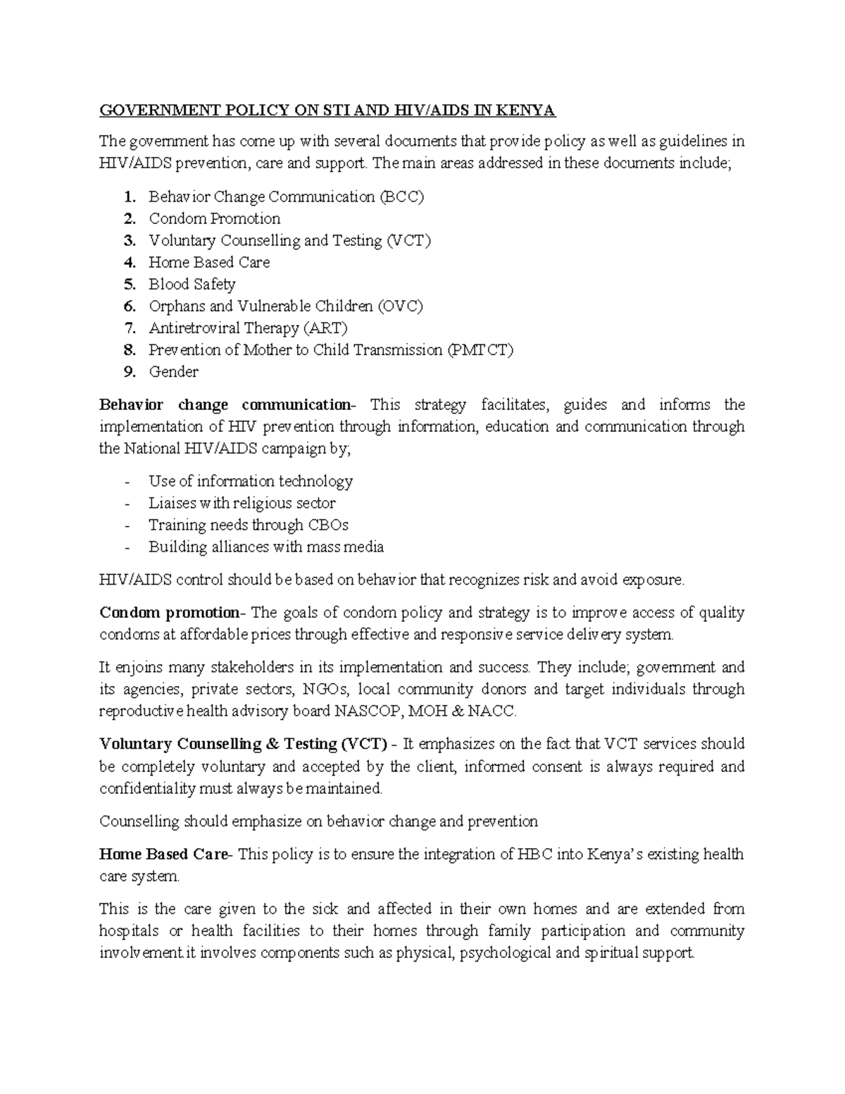 UNIT 2 - notes - GOVERNMENT POLICY ON STI AND HIV/AIDS IN KENYA The ...