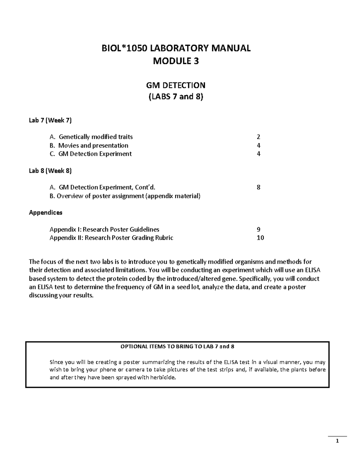 Laboratory Module 3 Manual 2023 - BIOL*1050 LABORATORY MANUAL MODULE 3 GM DETECTION (LABS 7 and ...