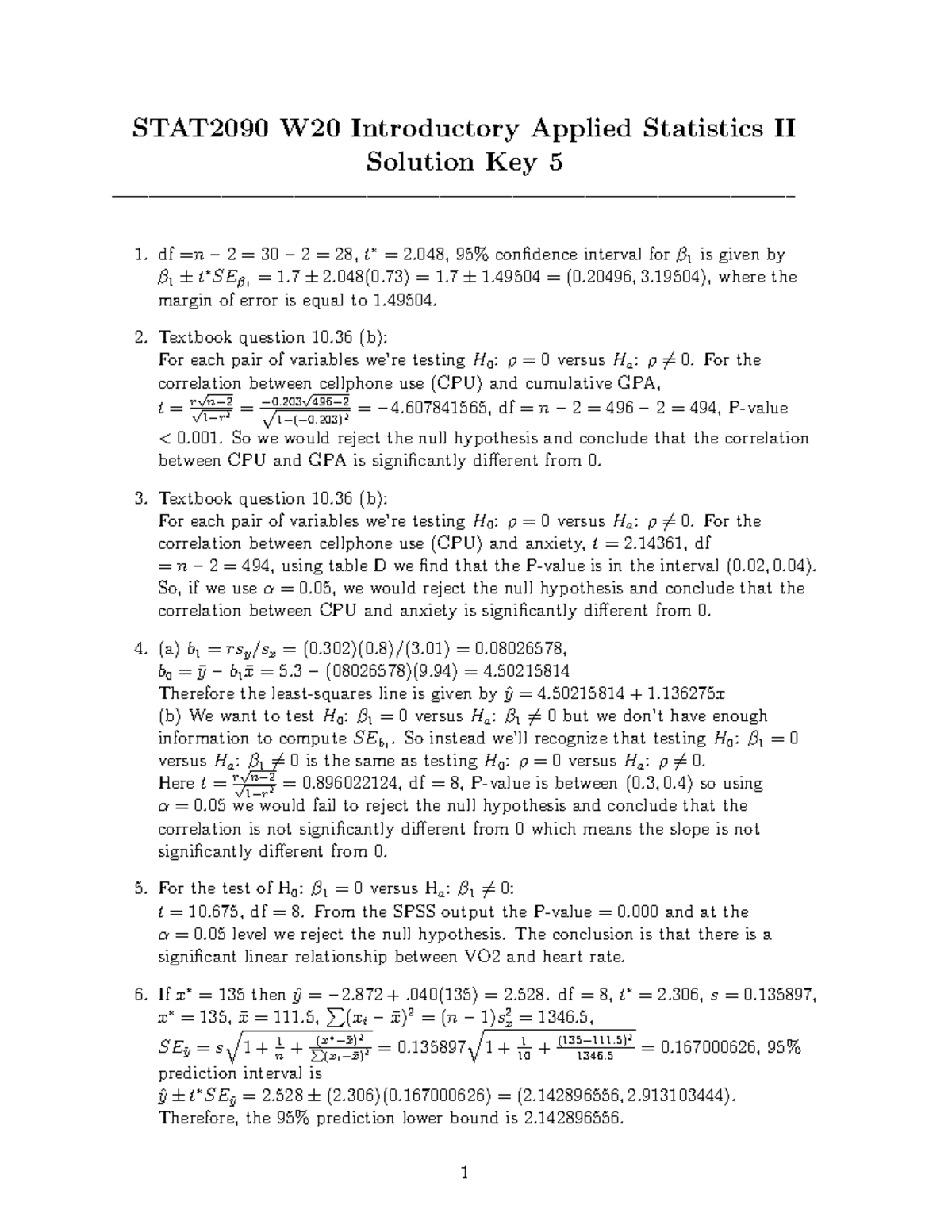 St2090 Solutions 5 W20 Final Stat2090 W20 Introductory Applied Statistics Ii Solution Key 5