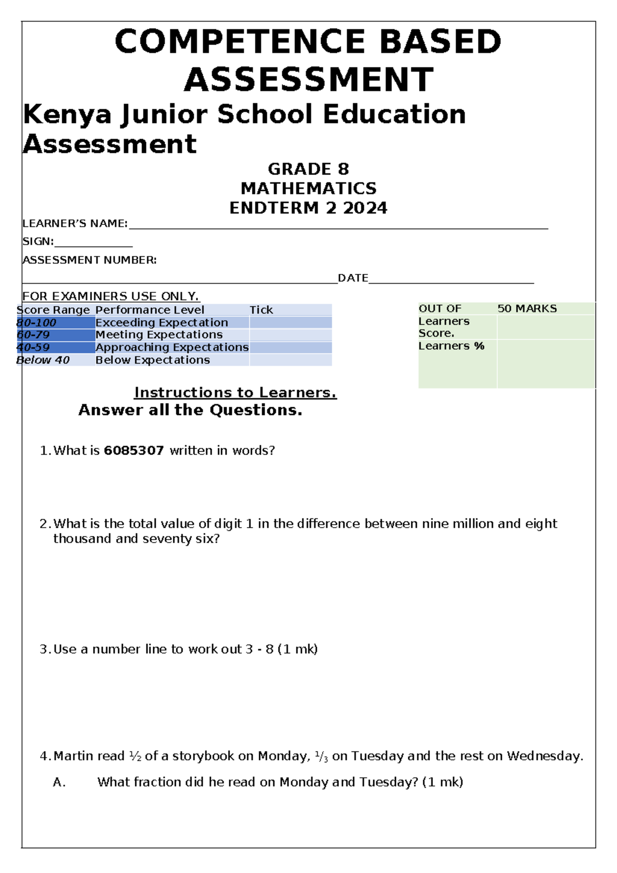Maths - mathematics - COMPETENCE BASED ASSESSMENT Kenya Junior School ...