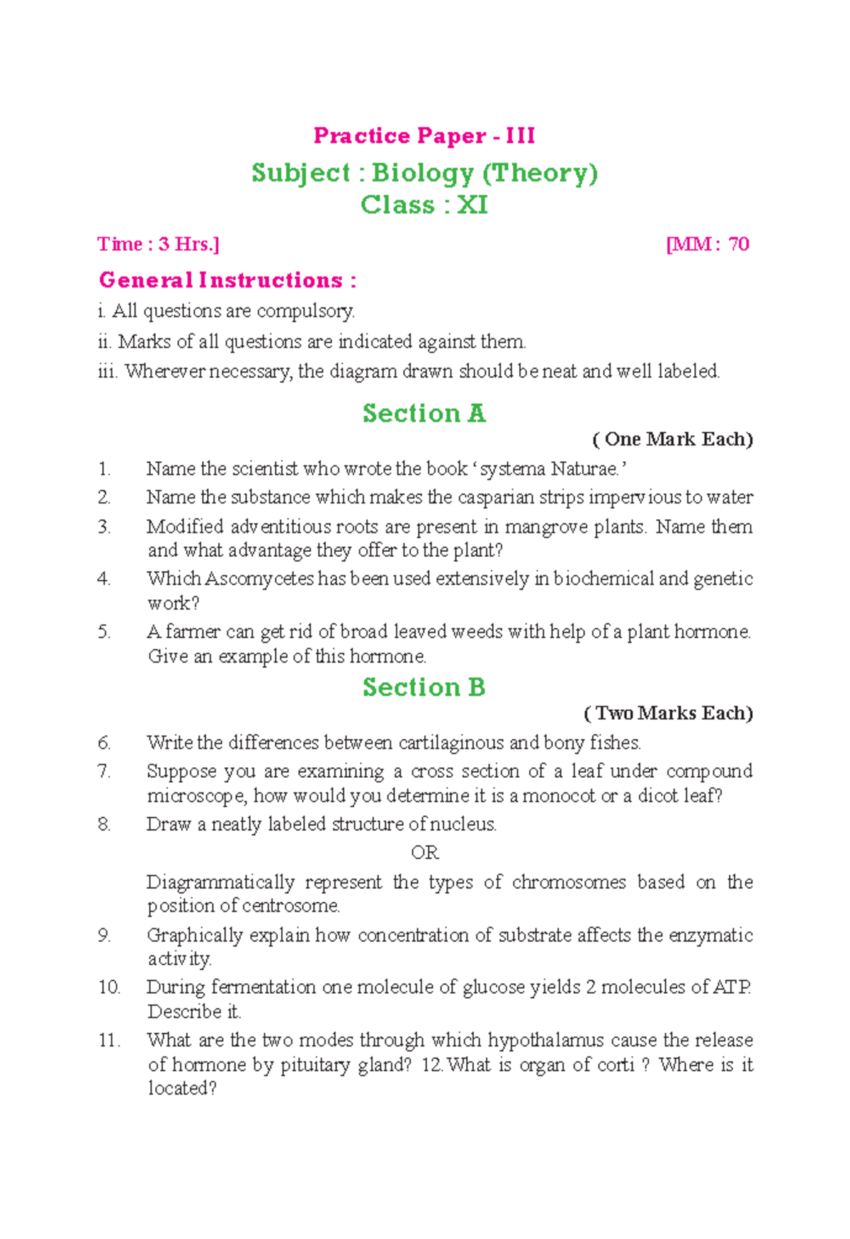 11-Biology-Sample-Papers-3 - Practice Paper - III Subject : Biology ...