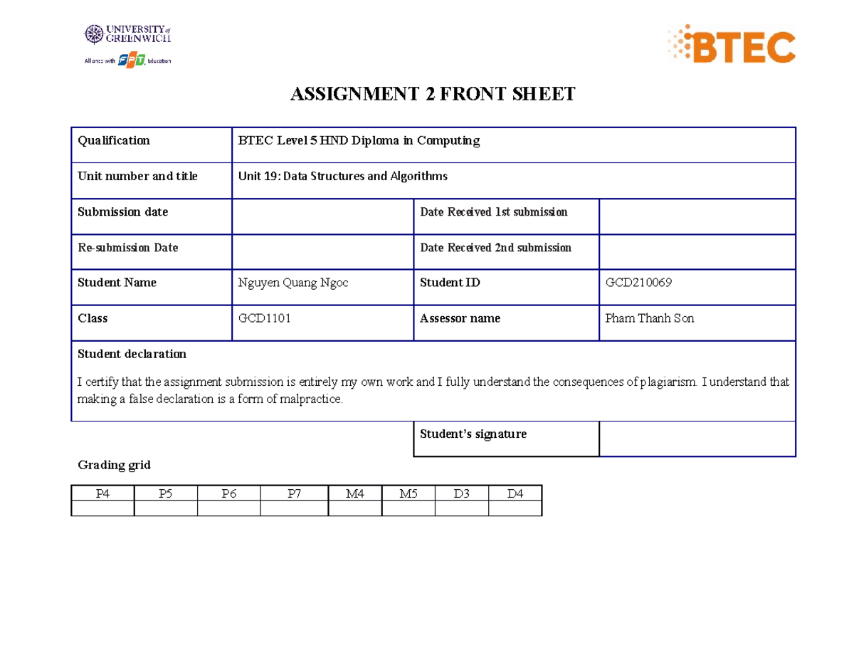 1649 Assignment 2 Nguyen Quang Ngoc - ASSIGNMENT 2 FRONT SHEET Qualification BTEC Level 5 HND ...