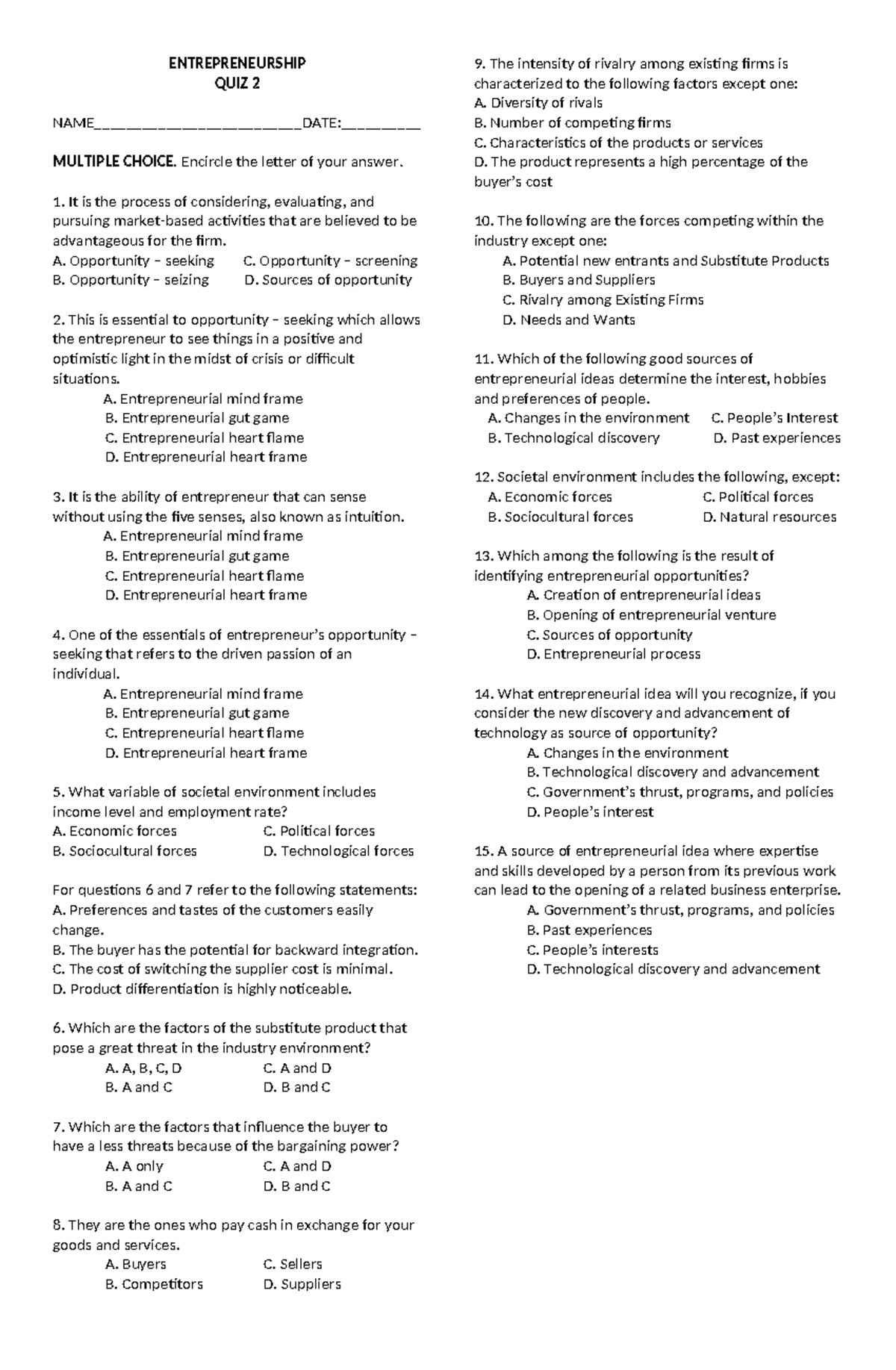 Entrep Q2 - quiz - ENTREPRENEURSHIP QUIZ 2 NAME ...